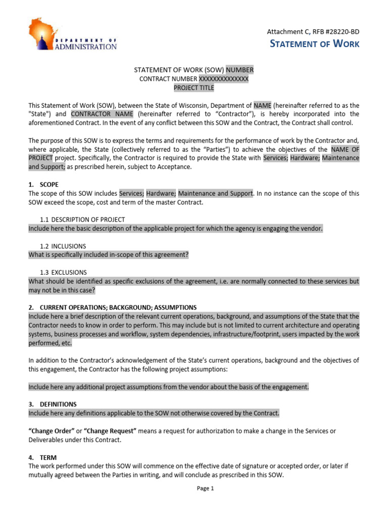 Sow Template Pdf Employment General Contractor