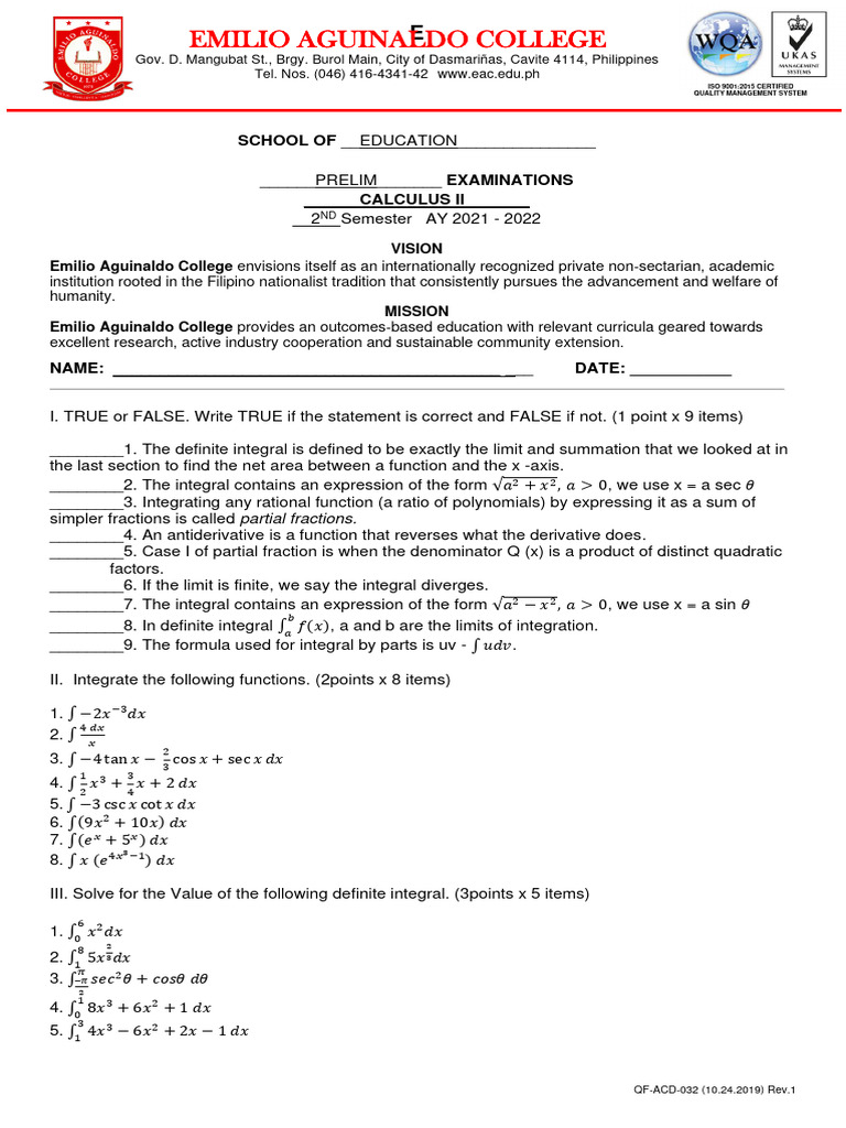 Calculus Ii Prelim | PDF | Integral | Mathematical Concepts