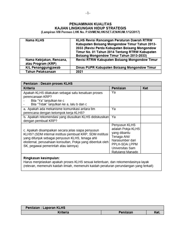 Contoh Penjaminan Mutu KLHS | PDF
