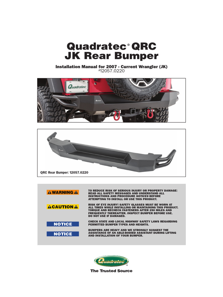 Quadratec QRC Rear Bumper JK 12057.0220 Install Instructions - 1 | PDF ...