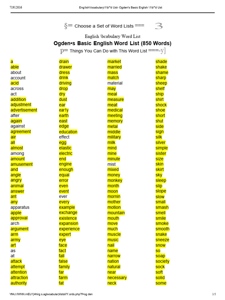 Ogden's 850 Basic English Words List | PDF