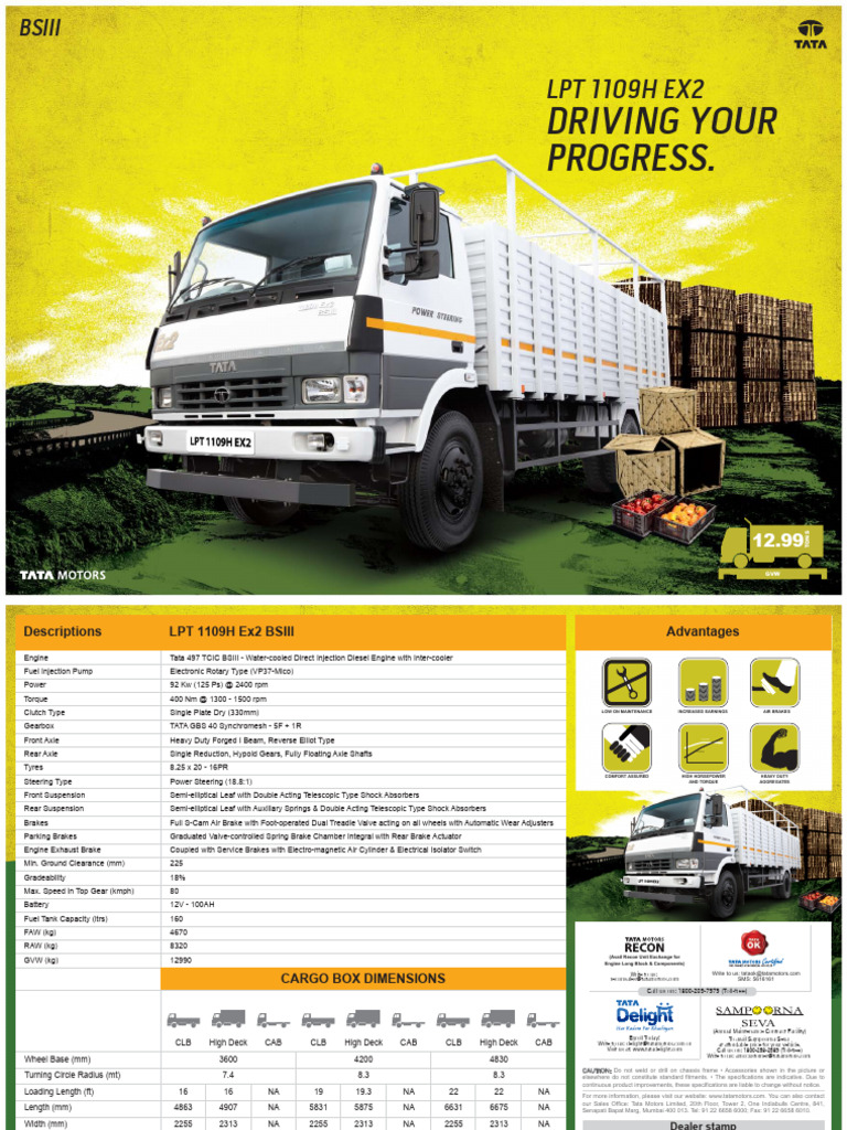 Tata LPT 1109H EX2 Specifications | PDF | Manual Transmission | Horsepower