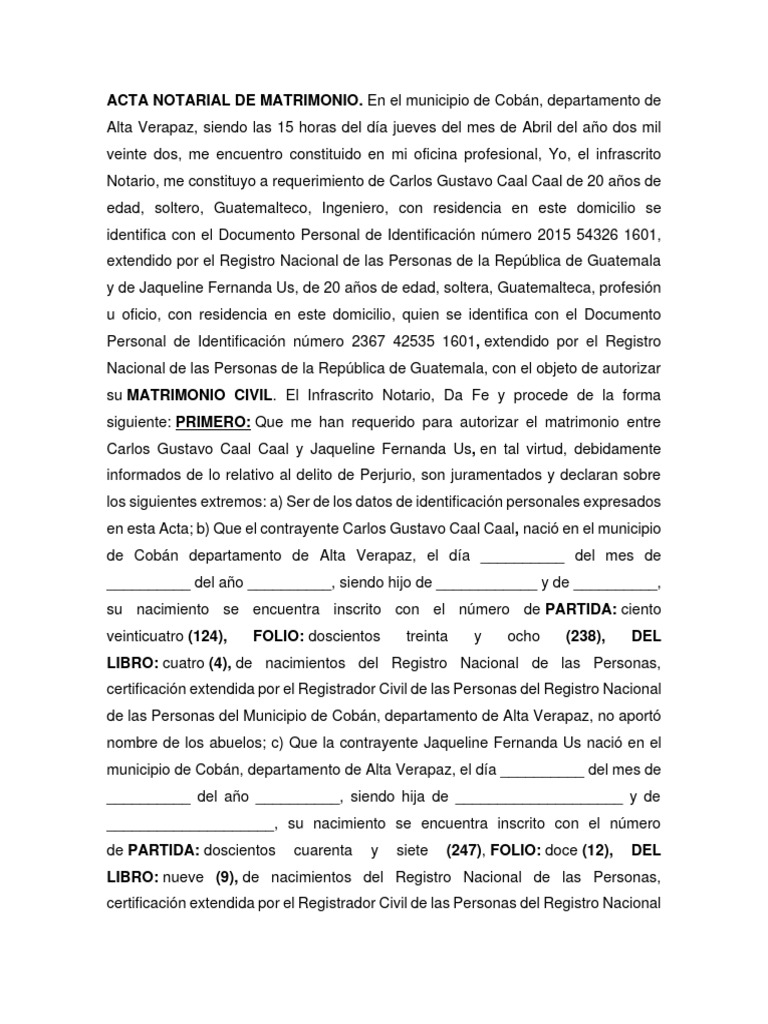 Acta Notarial de Matrimonio | PDF | Matrimonio | Guatemala