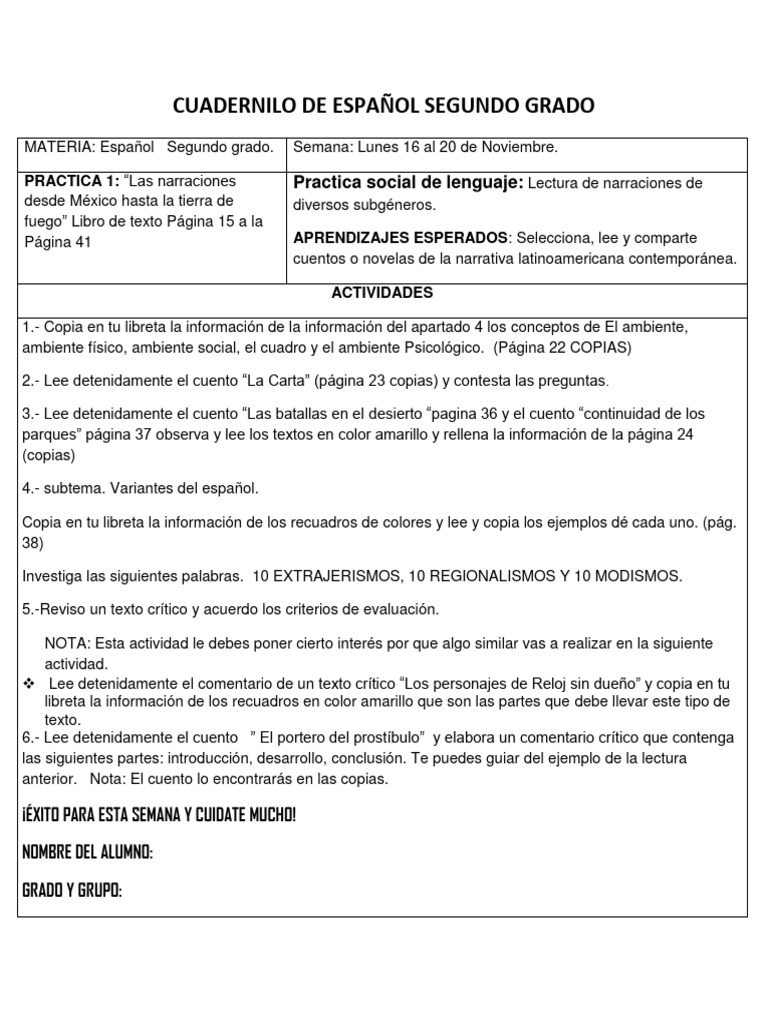Cuadernilo de Español Segundo Grado | PDF