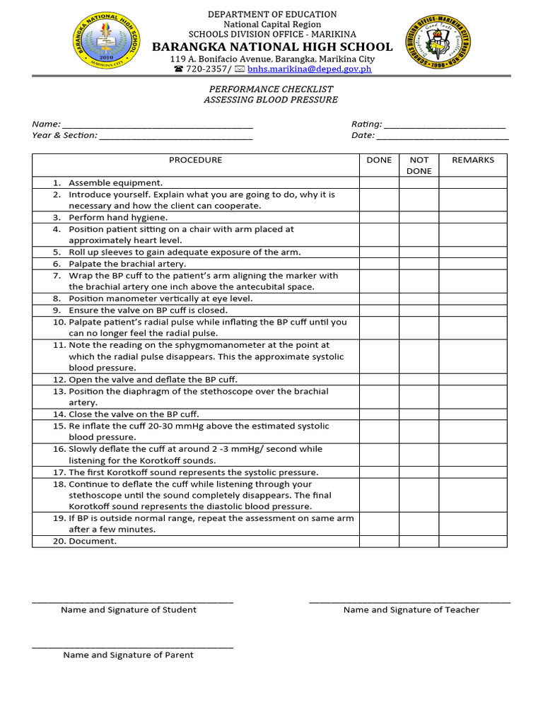 PERFORMANCE CHECKLIST - BP Taking | PDF | Medical Specialties ...
