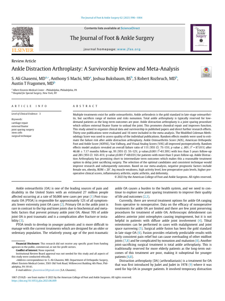 Ankle Distraction Arthroplasty A Survivorship Rev | PDF | Meta Analysis ...