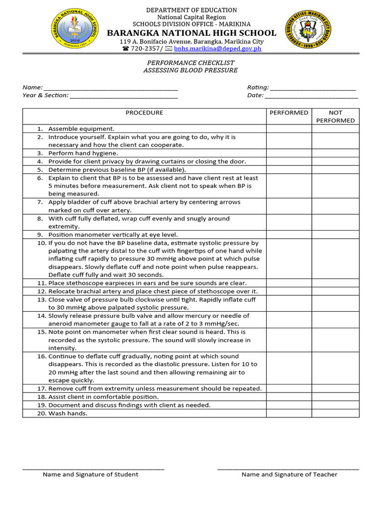 Skills Checklist Blood Pressure Taking | PDF | Blood Pressure ...