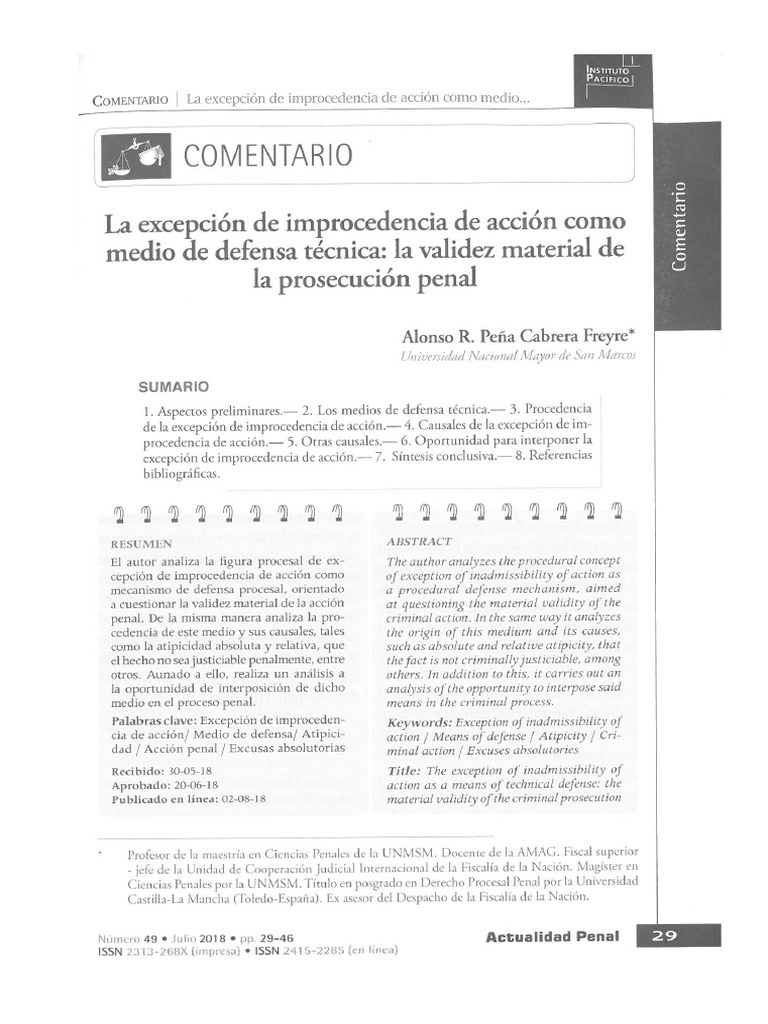 La Excepcion de Improcedencia Accion Como Medio Defensa Tecnica Peña ...