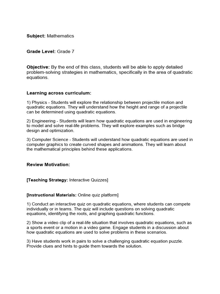 Lesson Plan | PDF | Quadratic Equation | Equations