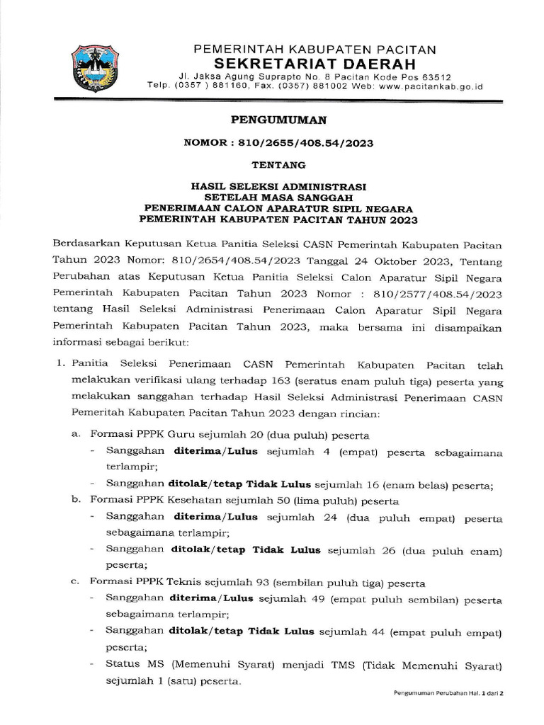 Pengumuman Hasil Seleksi Administrasi (Pasca Sanggah) CASN 2023 | PDF