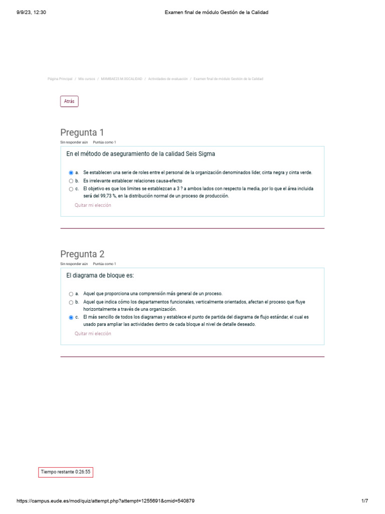 EUDE 1-Examen Final de Módulo Gestión de La Calidad | Descargar gratis PDF | Calidad (comercial ...