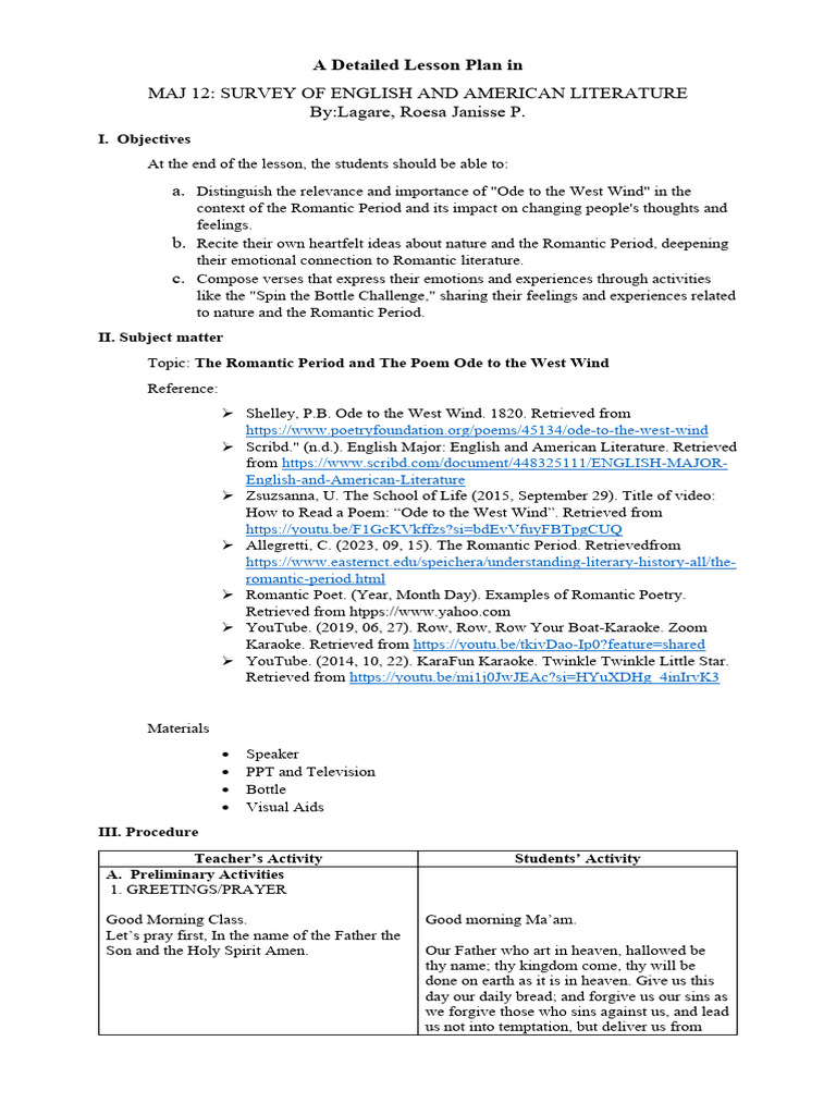 Maj 12 Lesson Plan | PDF | Romanticism | Poetry