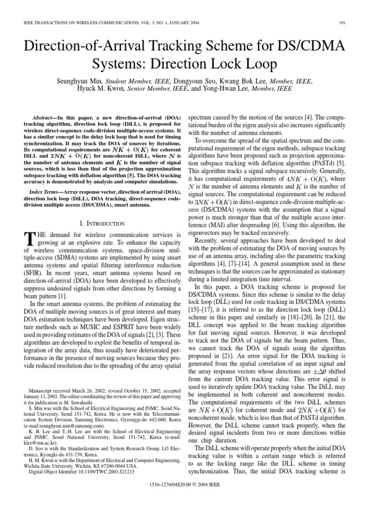 Direction-of-Arrival Tracking Scheme For DS/CDMA Systems: Direction Lock Loop | PDF | Errors And ...