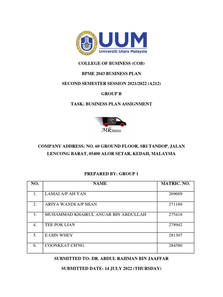 BUSINESS PLAN ASSIGNMENT (Group 1) | PDF | Courier | Warehouse