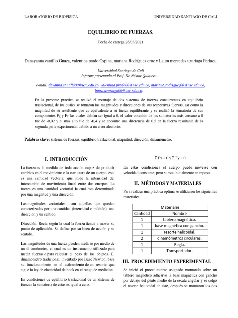 Informe 2 (Equilibrio de Fuerzas) . | PDF | Fuerza | Vector Euclidiano