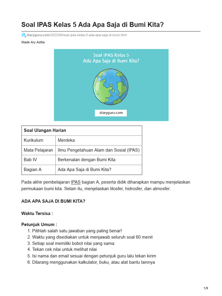 Soal IPAS Kelas 5: Bumi Kita | PDF | Kajian Bahasa Asing | Sains & Matematika