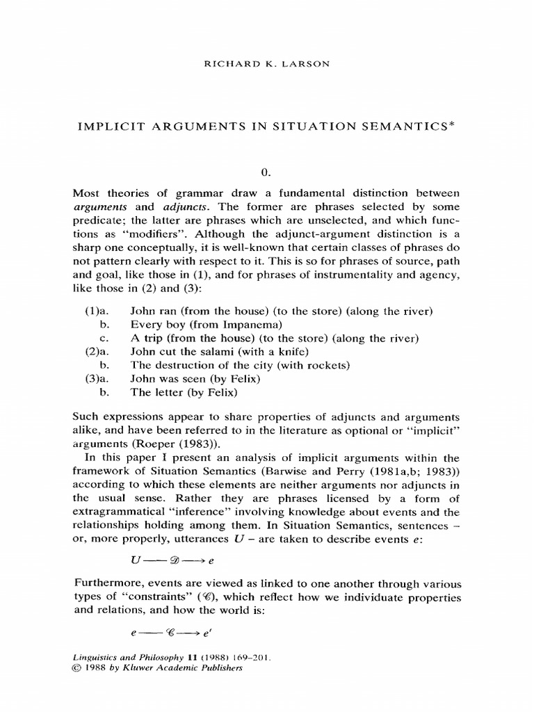 Larson.1988 Implicit Arguments in Situation Semantics | PDF | Predicate ...