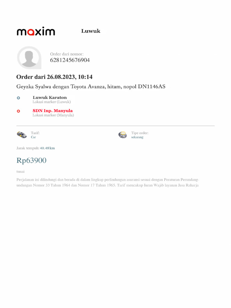Bukti Perjalanan Dengan Maxim Indonesia Dari 26 | PDF