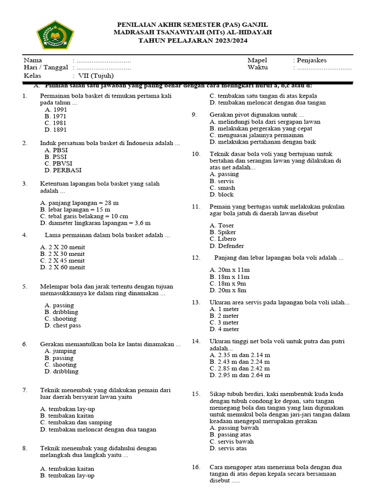 Soal Pas Pjok KLS 7 | PDF