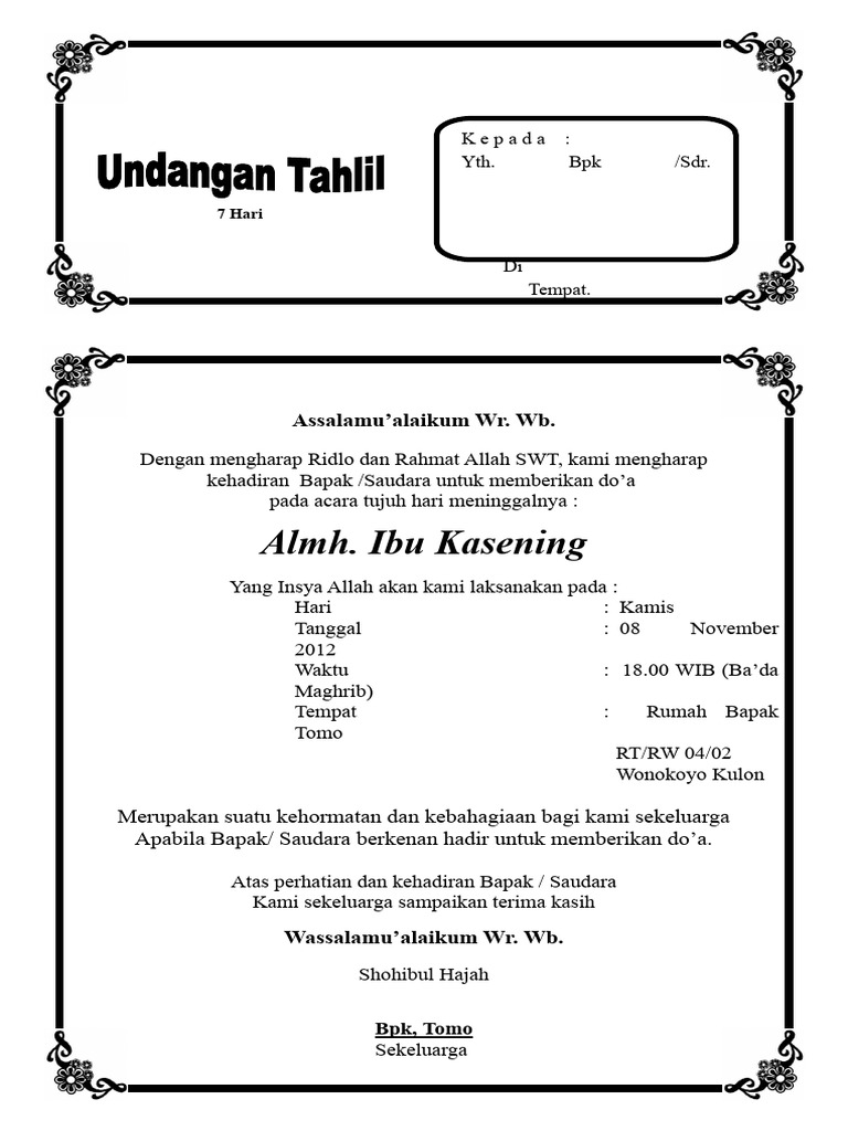 Undangan Tahlil 7 Hari Meninggal | PDF