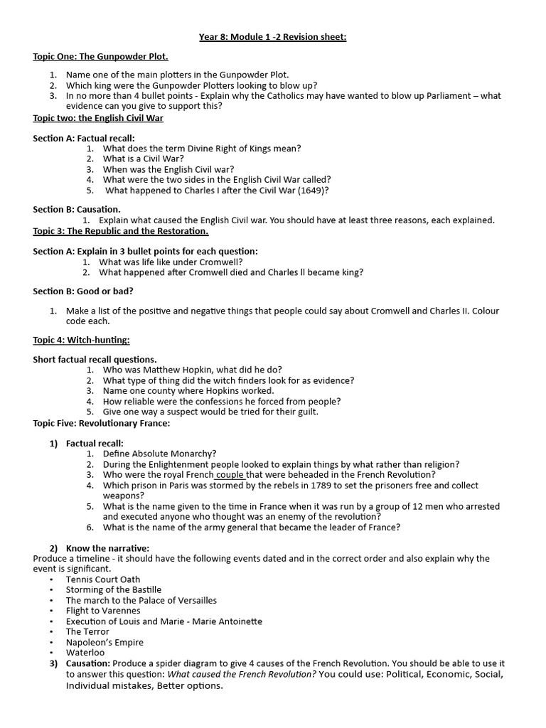 Year 8 Revision Sheet | PDF | English Civil War | French Revolution