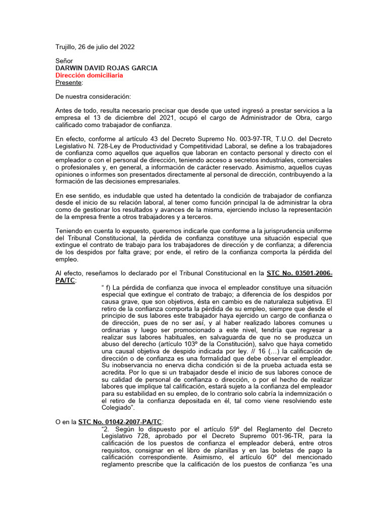 Cese Laboral por Pérdida de Confianza | PDF | Derecho laboral | Business