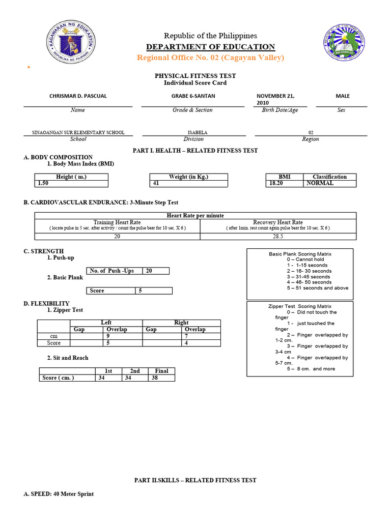 Philippines Physical Fitness Test Scorecard | PDF | Body Mass Index ...