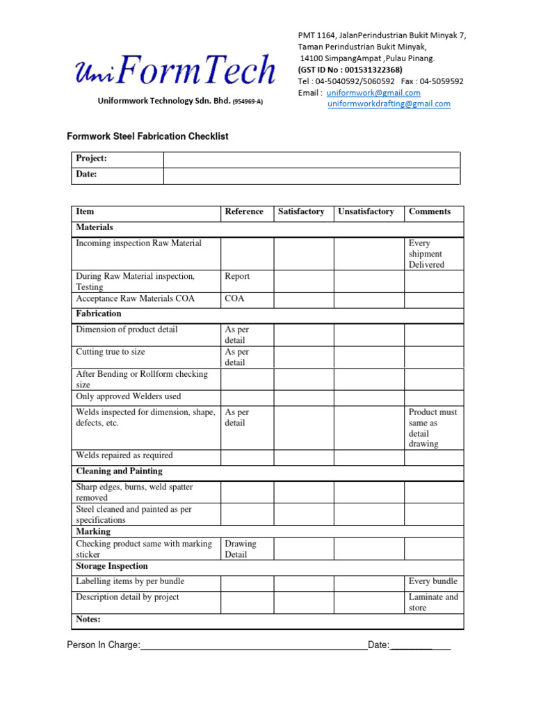 Formwork Steel Fabrication Checklist | PDF | Metal Fabrication ...