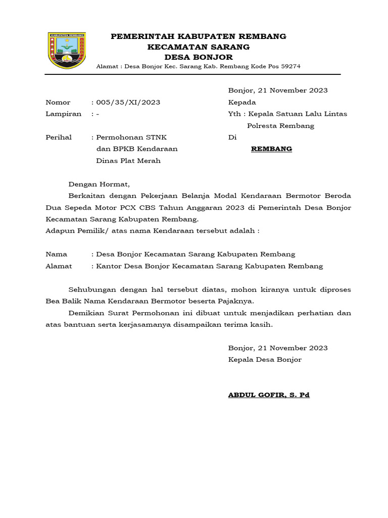 Surat Permohonan STNK - BPKB | PDF