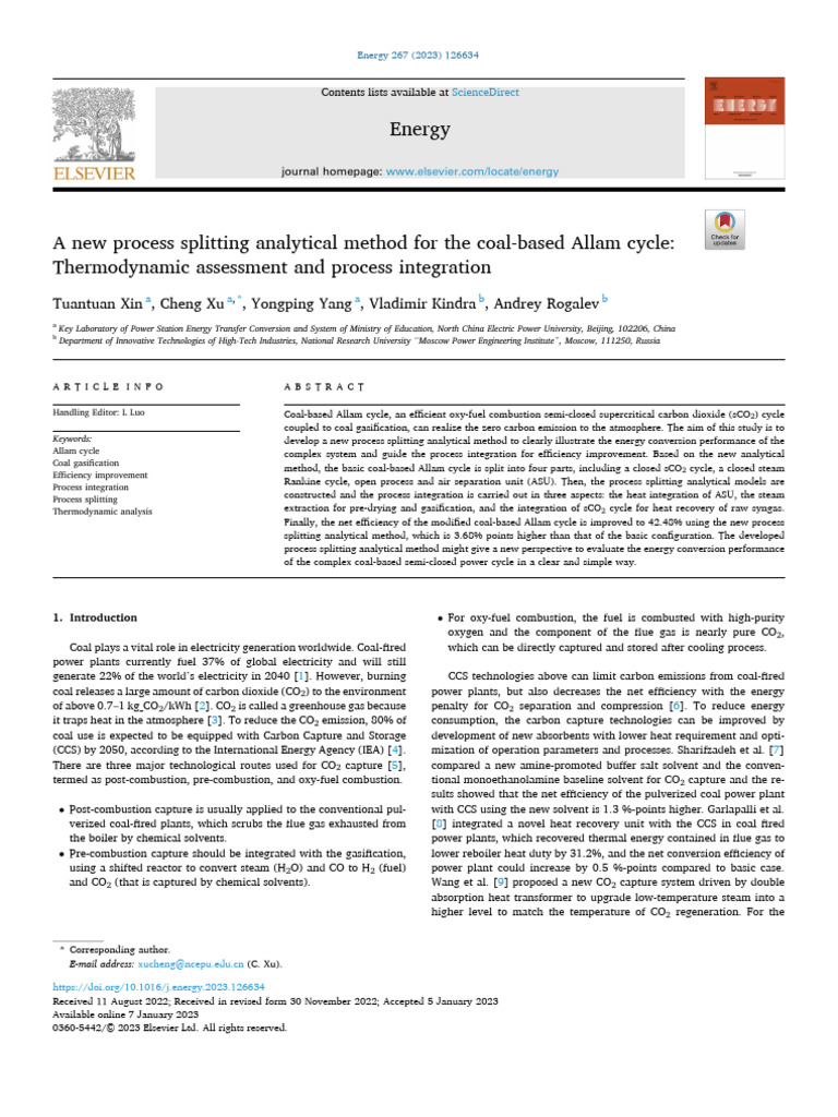 A New Process Splitting Analytical Method For The Coal Based Allam - 2023 - Ene | PDF ...