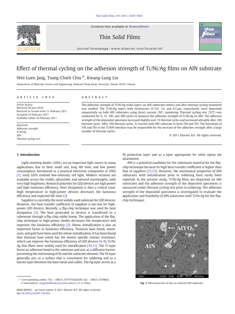 Effect Of Thermal Cycling On The Adhesion Strength Of Ti Ni Ag Films On Aln Substrate Pdf
