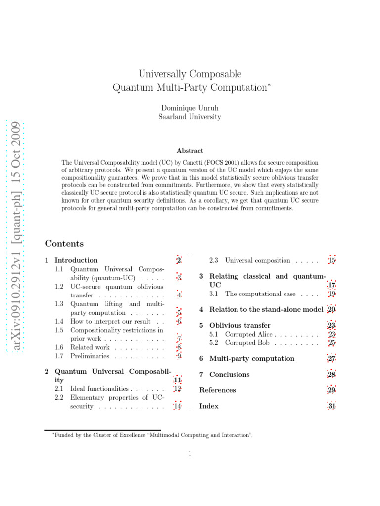 Universally Composable Quantum Multi-Party Computation | PDF | Cryptography | Applied Mathematics