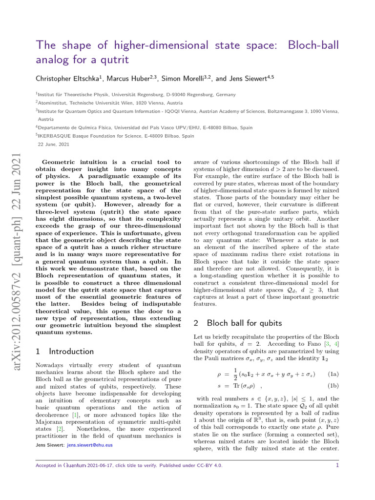 The Shape of Higher-Dimensional State Space - Bloch-Ball | PDF | Dimension | Matrix (Mathematics)