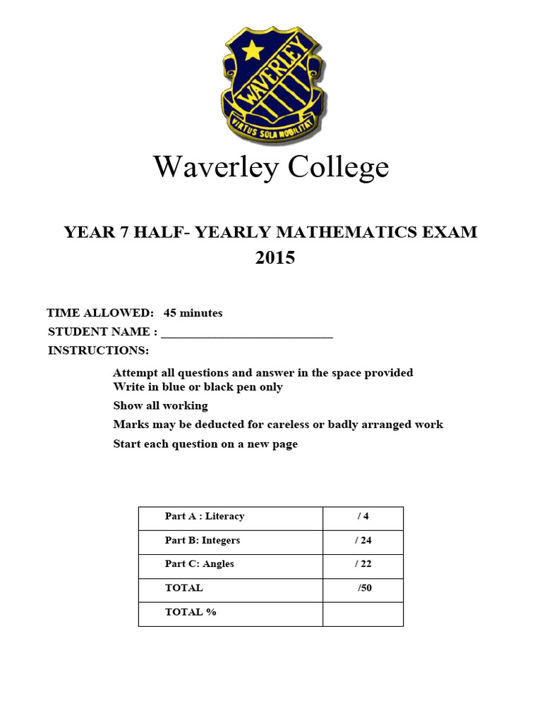Waverley College Year 7 Half Yearly Mathematics Exam 2015 - Past Paper ...