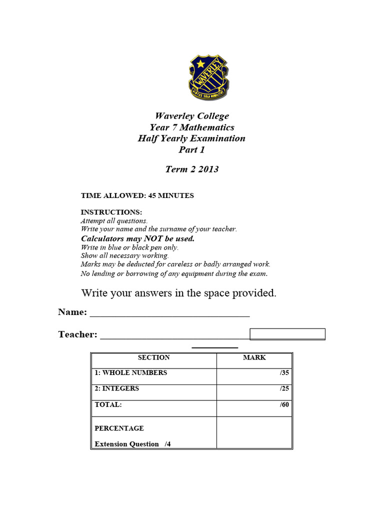 Waverley College Year 7 Mathematics Half Yearly Examination - Past ... Waverley College Year 7 Mathematics Half Yearly Examination - Past ...