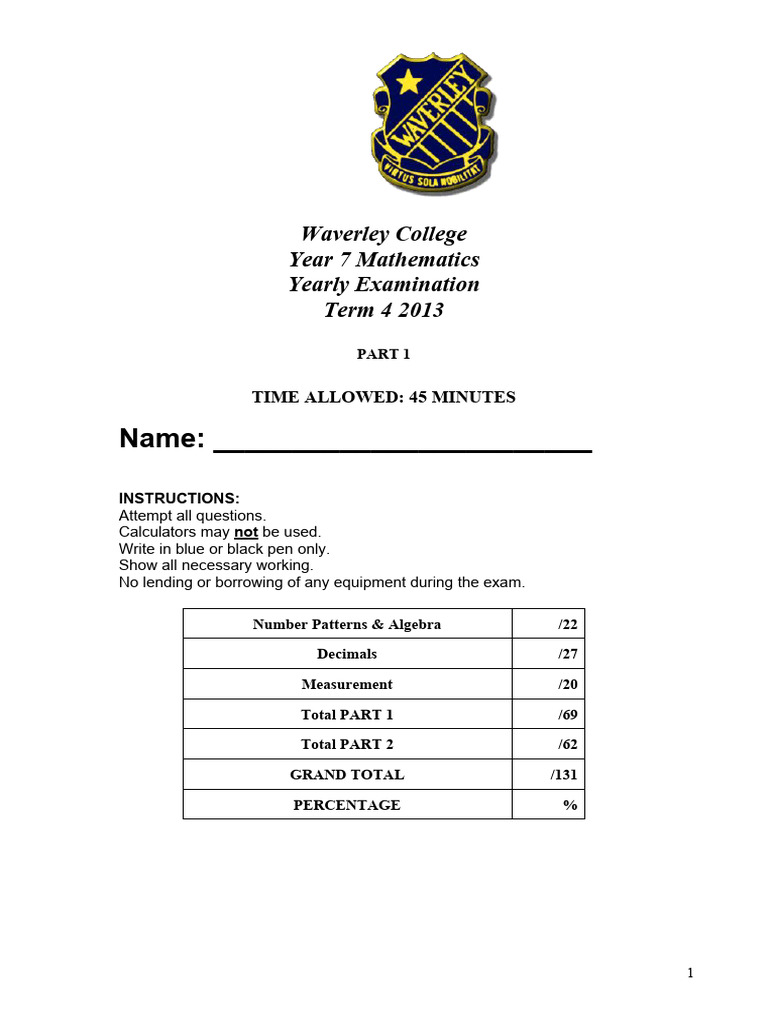 Waverley College Year 7 Mathematics Yearly Examination Term 4 - 2013 ...