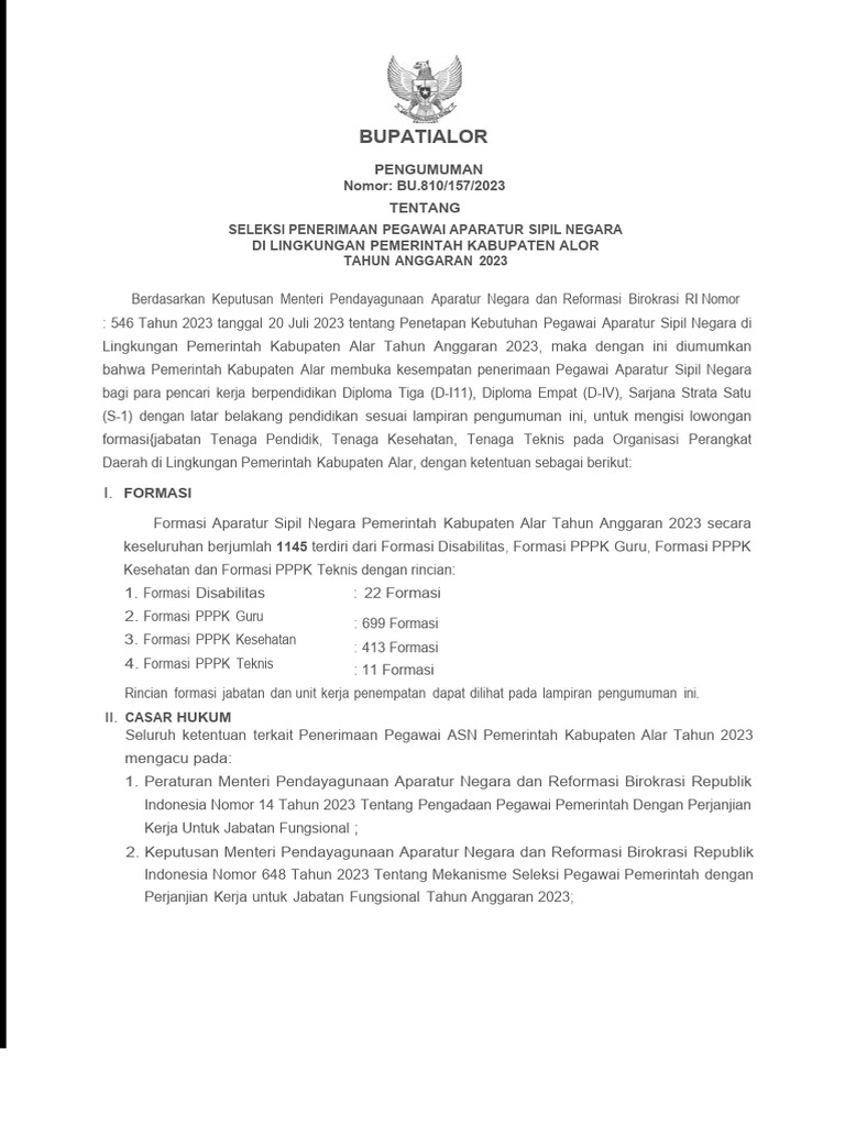 Seleksi ASN Alor 2023: 1145 Formasi Tersedia | PDF | Pengelolaan ...