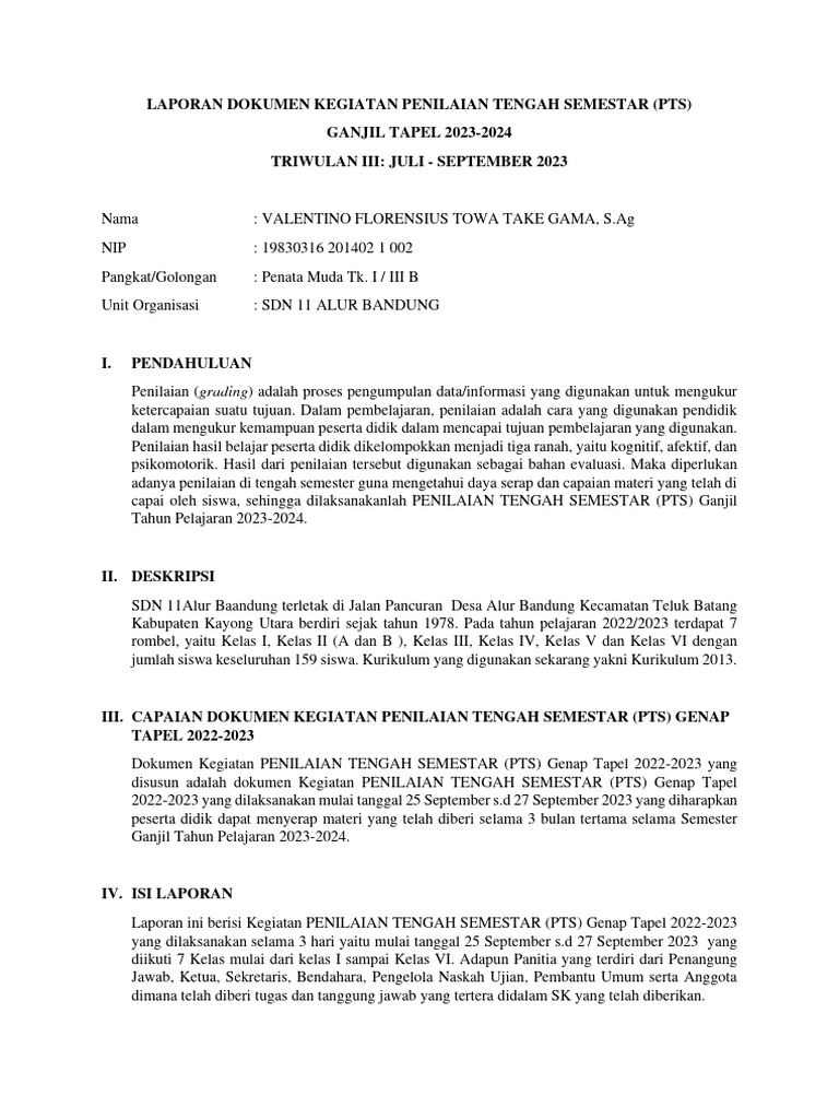 Laporan Kegiatan Panitia PTS Ganjil Tapel 2023-2024 | PDF