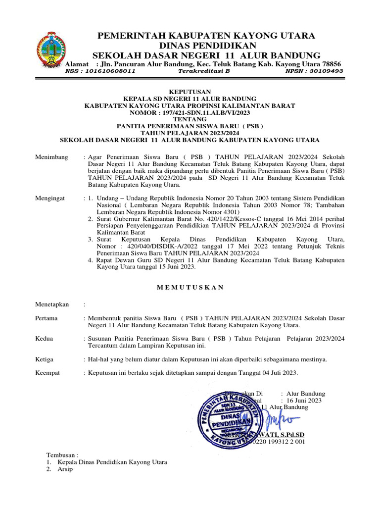 SK Pembagian Tugas Guru Ganjil Tapel 2023-2024 | PDF