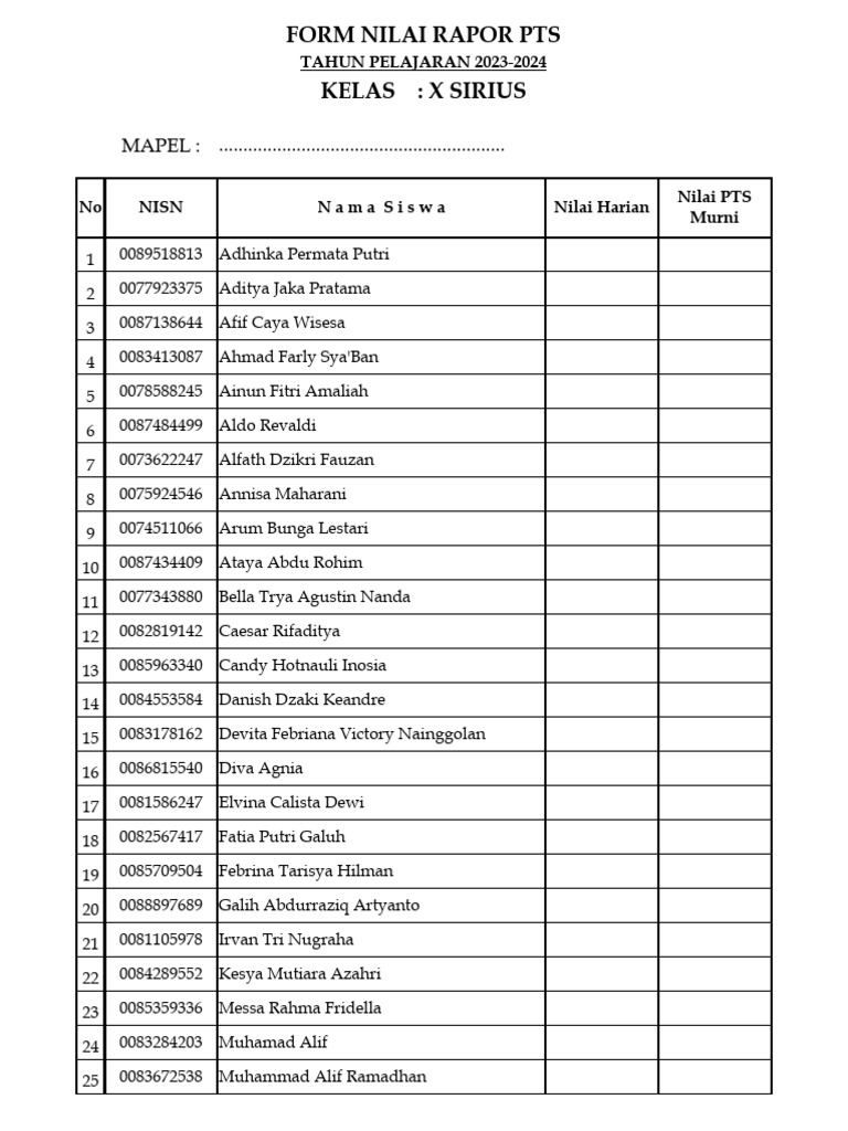 Nilai Raport PTS Kelas X 2023-2024 | PDF