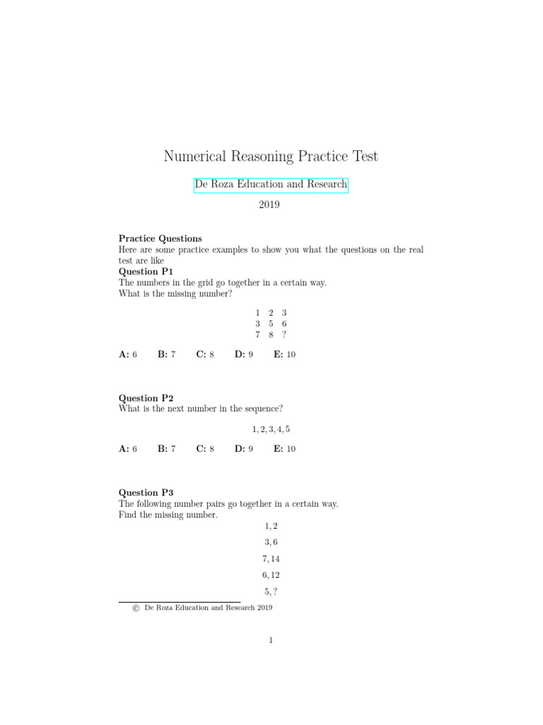 Year 9 Numerical Reasoning Practice Test | PDF