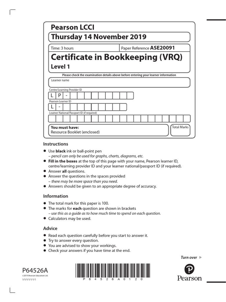 LCCI Level 1 Certificate in Bookkeeping ASE20091 Nov 2019 QP | PDF ...