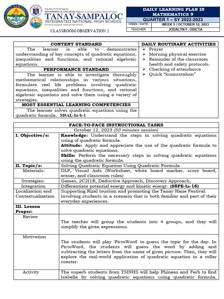 Daily Math Learning Plan: Quadratic Equations | PDF | Quadratic ...