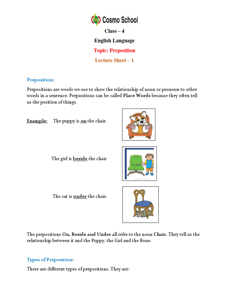 Class - 4, Language, Preposition, Lecture - 1 | PDF | Preposition And Postposition | Noun