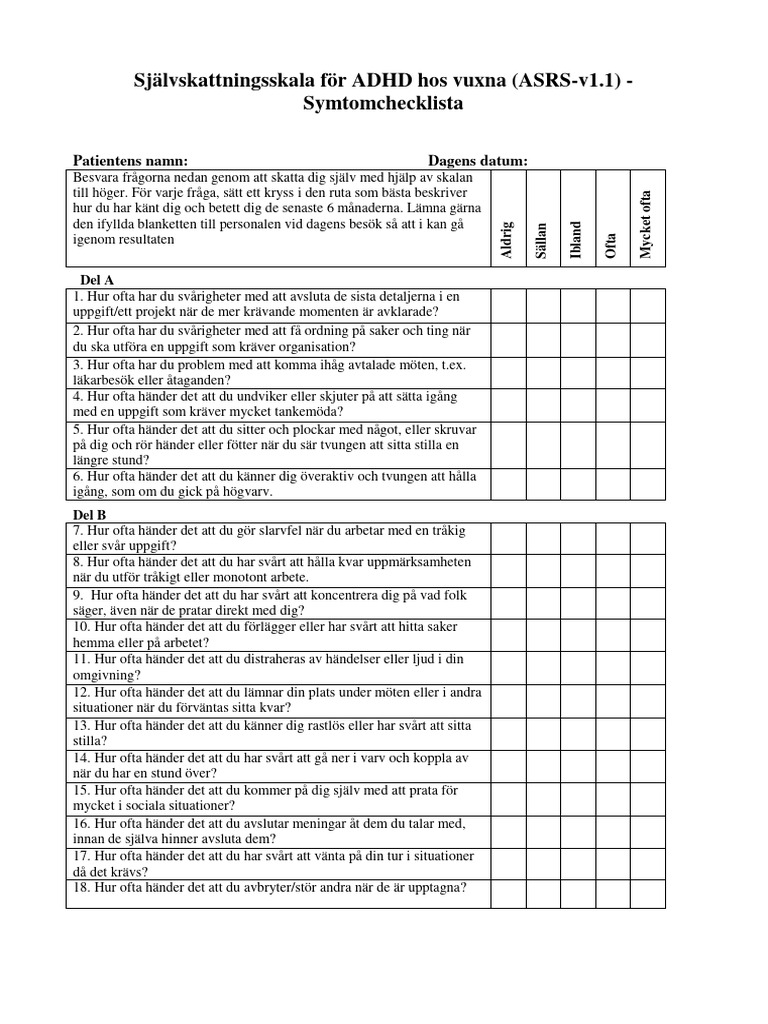 Sjalvskattning ASRS For ADHD Hos Vuxna | PDF