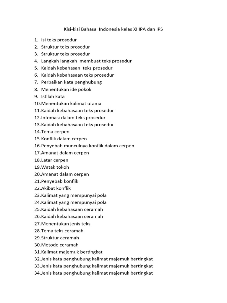 Kisi-Kisi Bahasa Indonesia Kelas XI | PDF