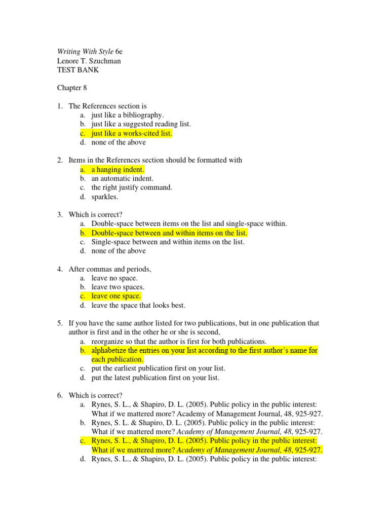 APA Style Test Bank Chapter 8 | PDF