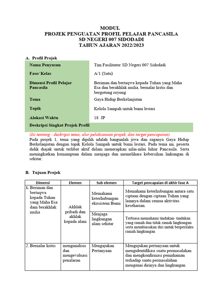 Proyek Gaya Hidup Berkelanjutan Kelas 1 | PDF
