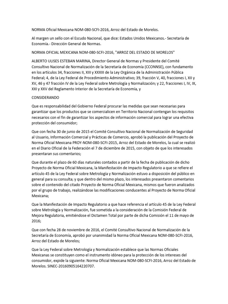 Norma NOM-080-SCFI-2016: Arroz Morelos | PDF | México
