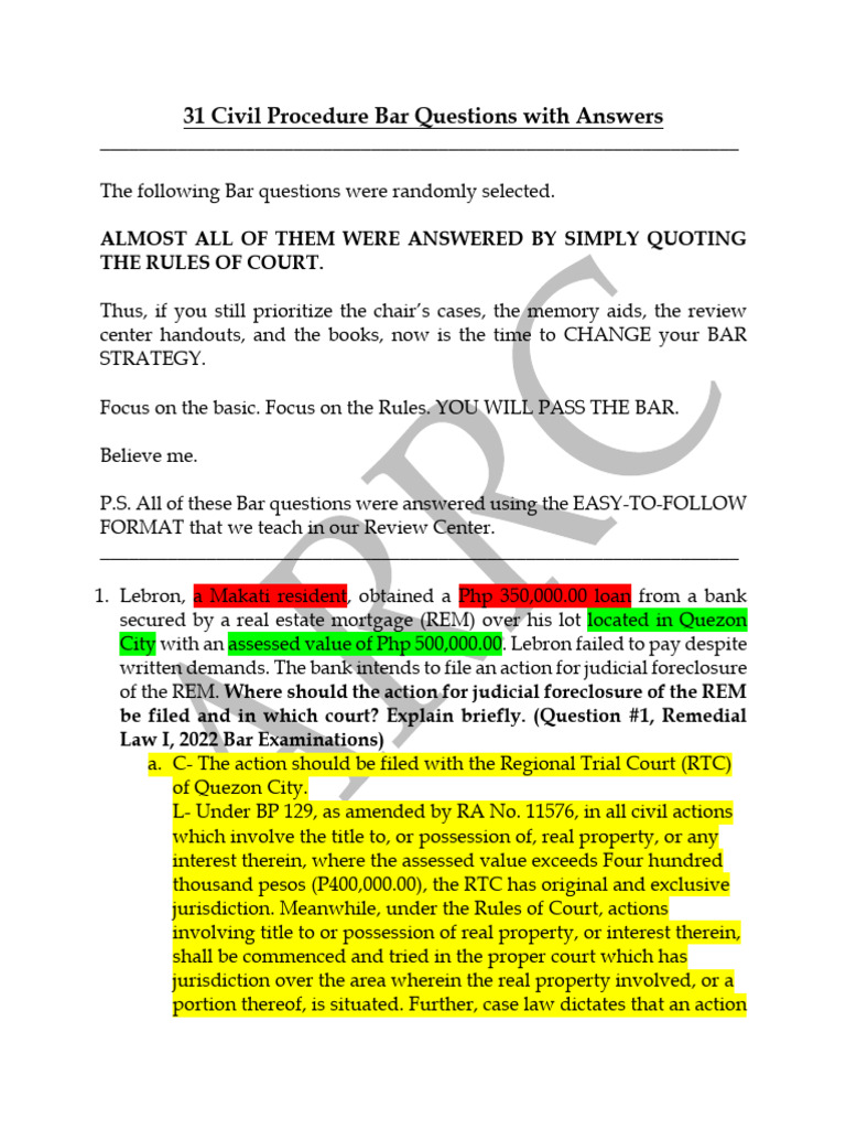 31 Civil Procedure Bar Questions With Answers (EASY-TO-FOLLOW FORMAT ...